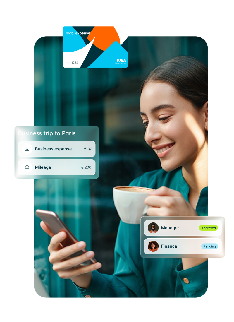 MXP by mobilexpense header of a woman on her smartphone submitting an expense